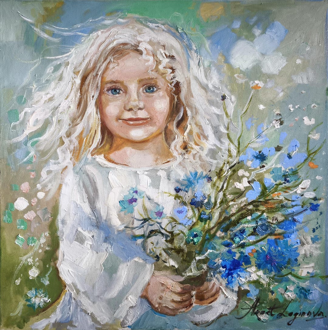 Spring Girl With Flowers Painting on Canvas, Portrait Wall Art ...