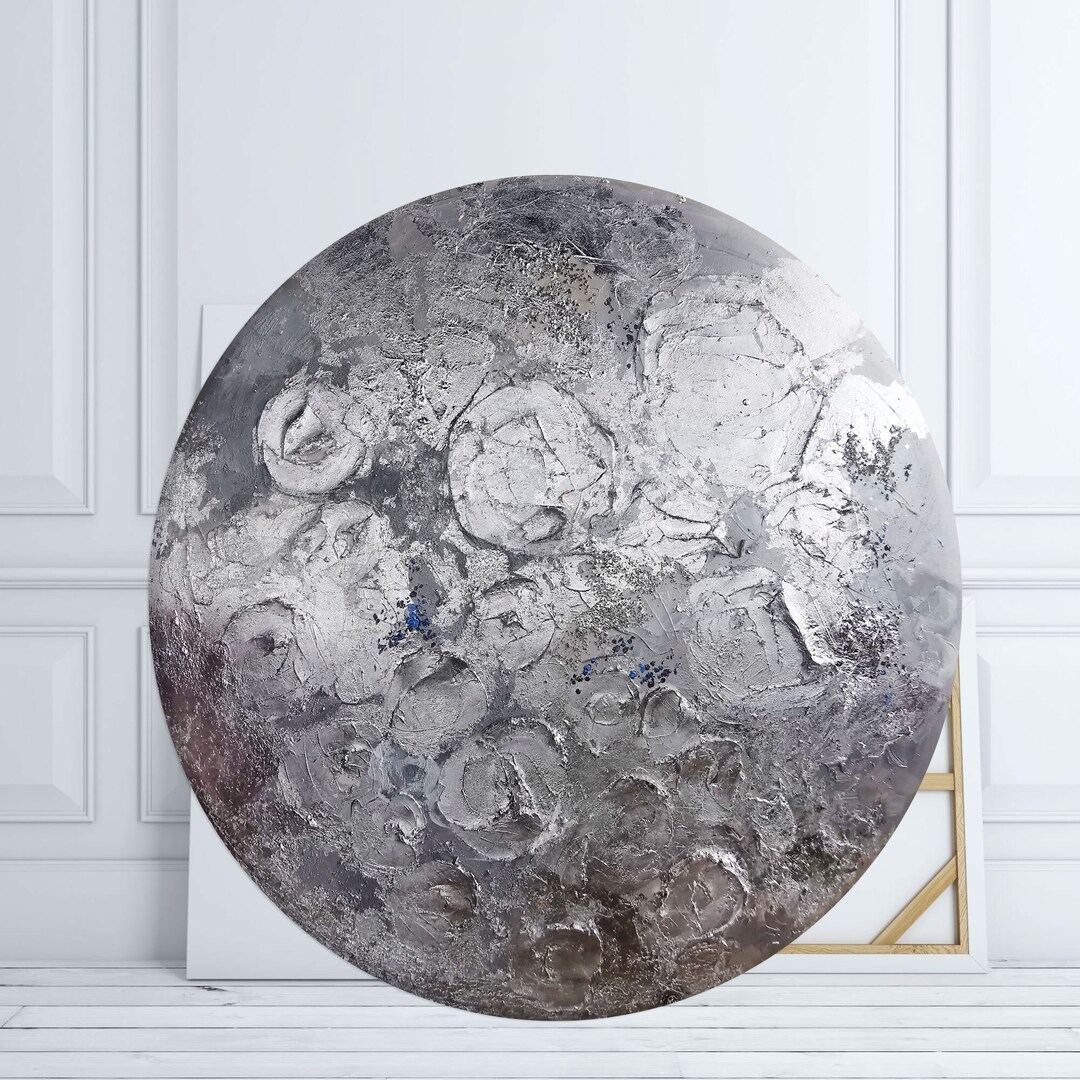 Round Moon Painting, Silver Abstract Wall Art, Lunar Wall Art - Etsy