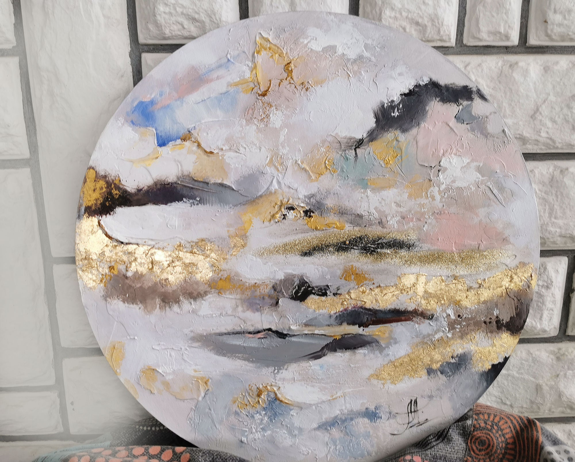 Round Abstract Canvas art Over bed wall decor Gold Leaf wall | Etsy