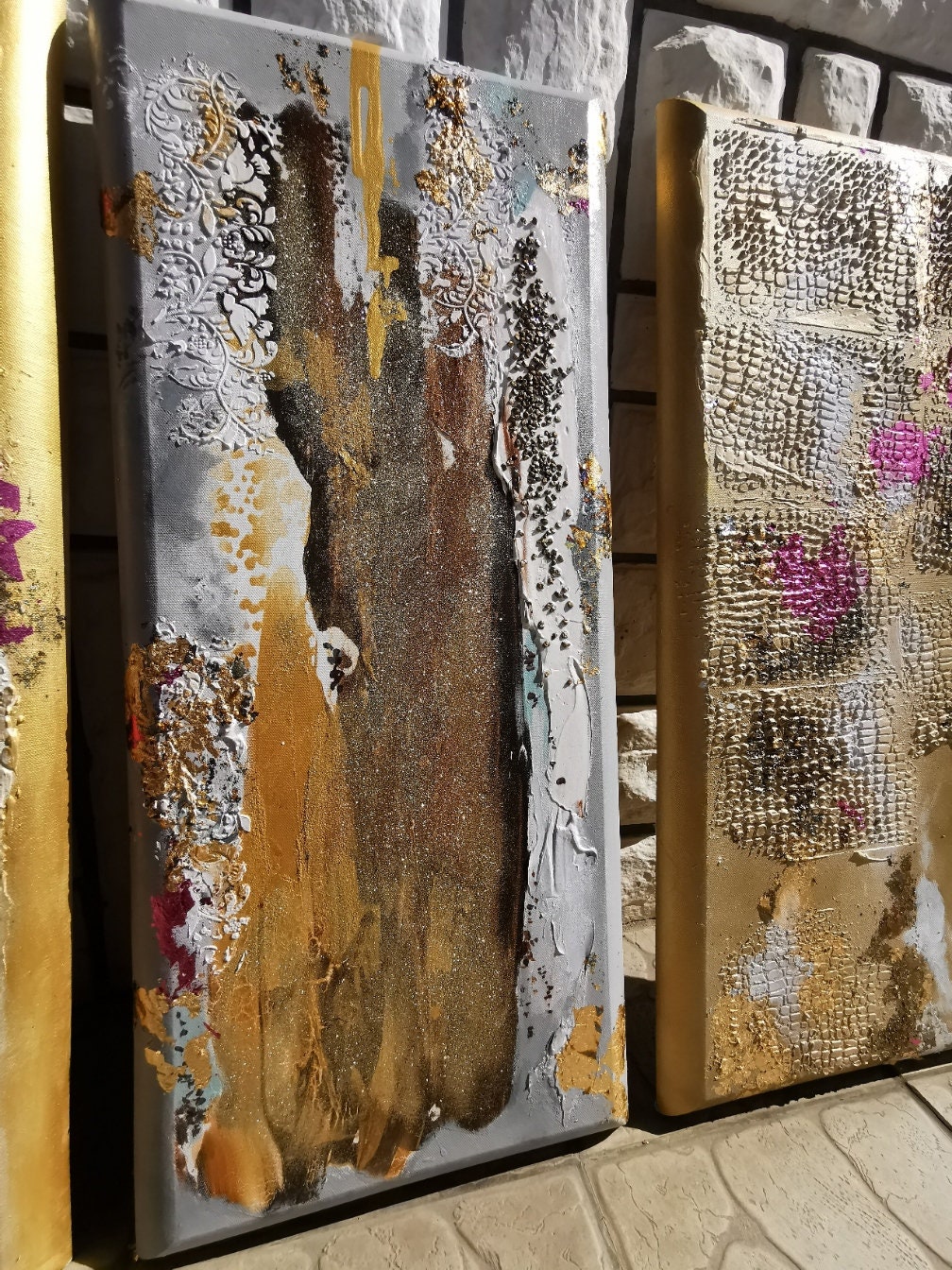 Painting Set Gold Metal Wall Art Set of 3 Paintings | Etsy