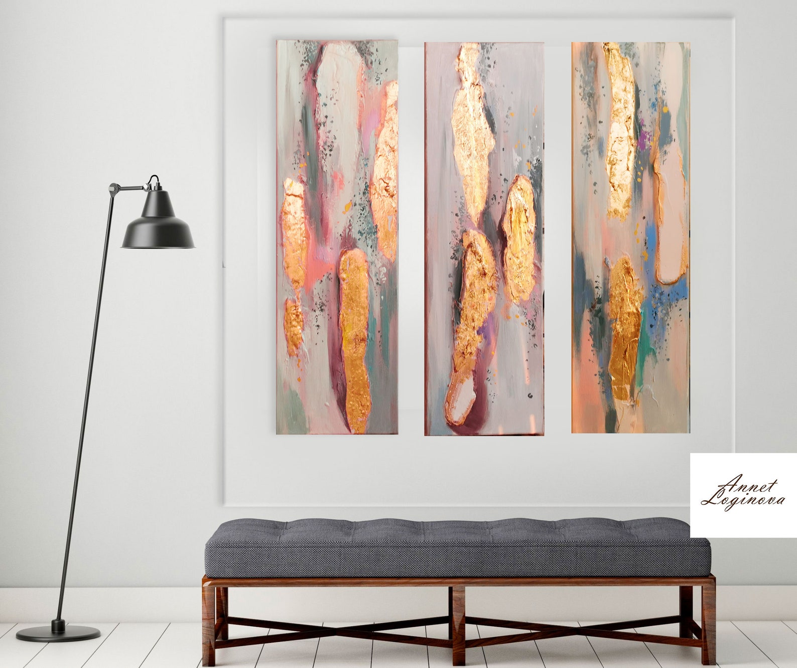 3 Piece Wall Art, Modern Art, Set of 3 Wall Art, Pink Gold Painting on ...