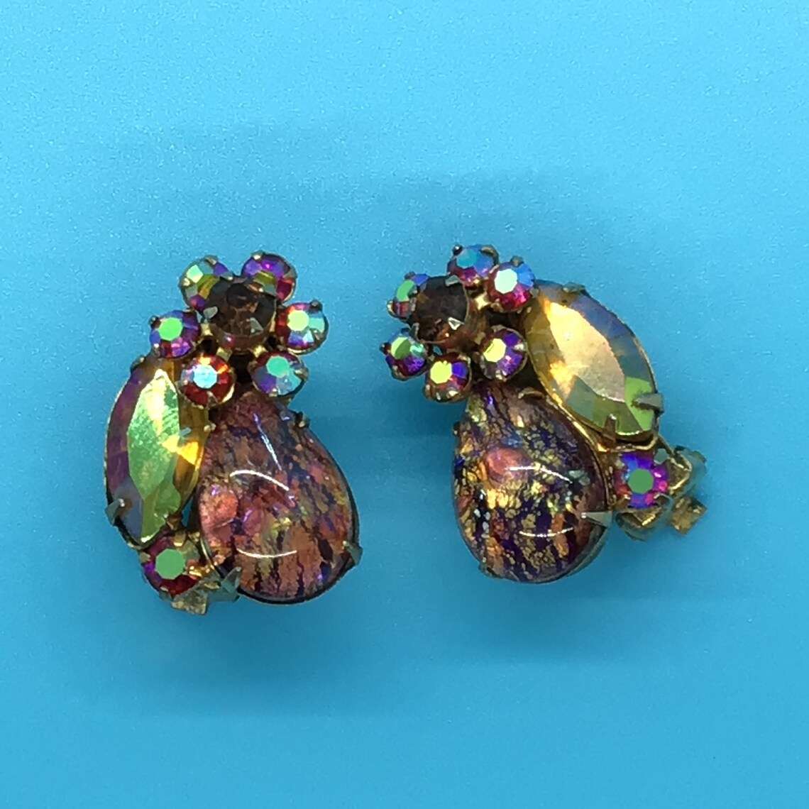 Vintage 1950's Signed Kramer cat's Eye and Rhinestone Earrings - Etsy