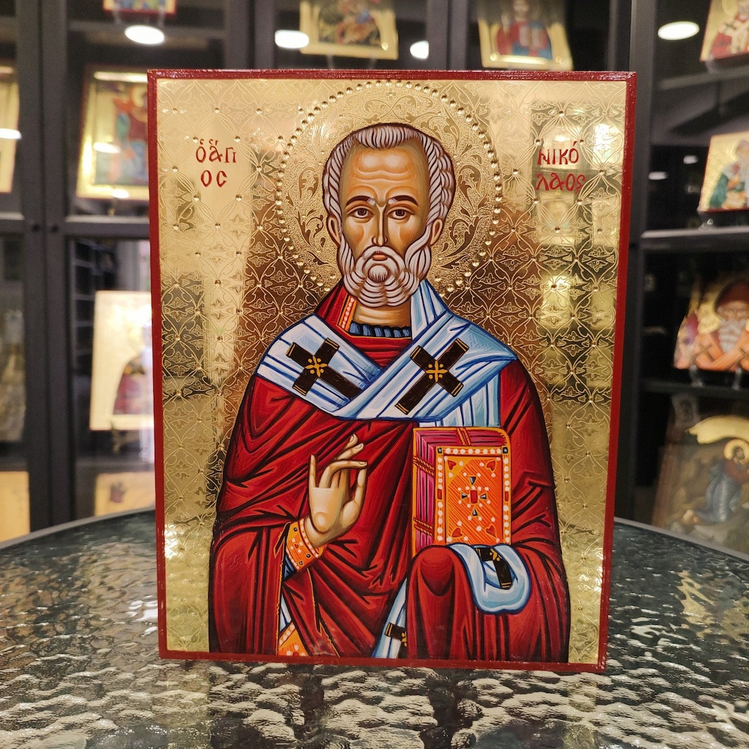 Saint Nicholas Handpainted 24K Gold Icon, Greek Orthodox Icon ...