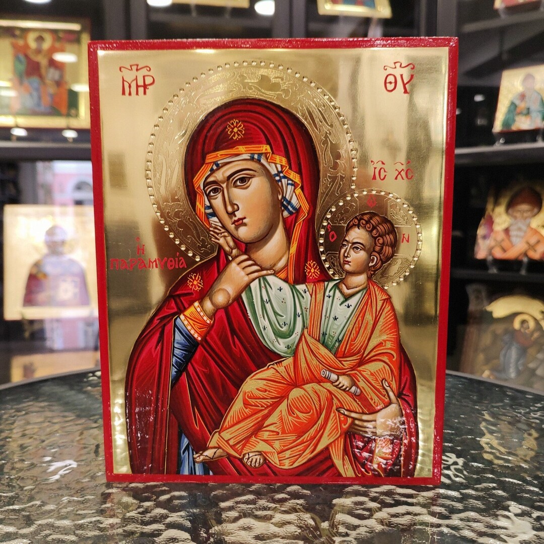 Mother of God Paramithia Greek Orthodox Icon, Virgin Mary Handpainted ...