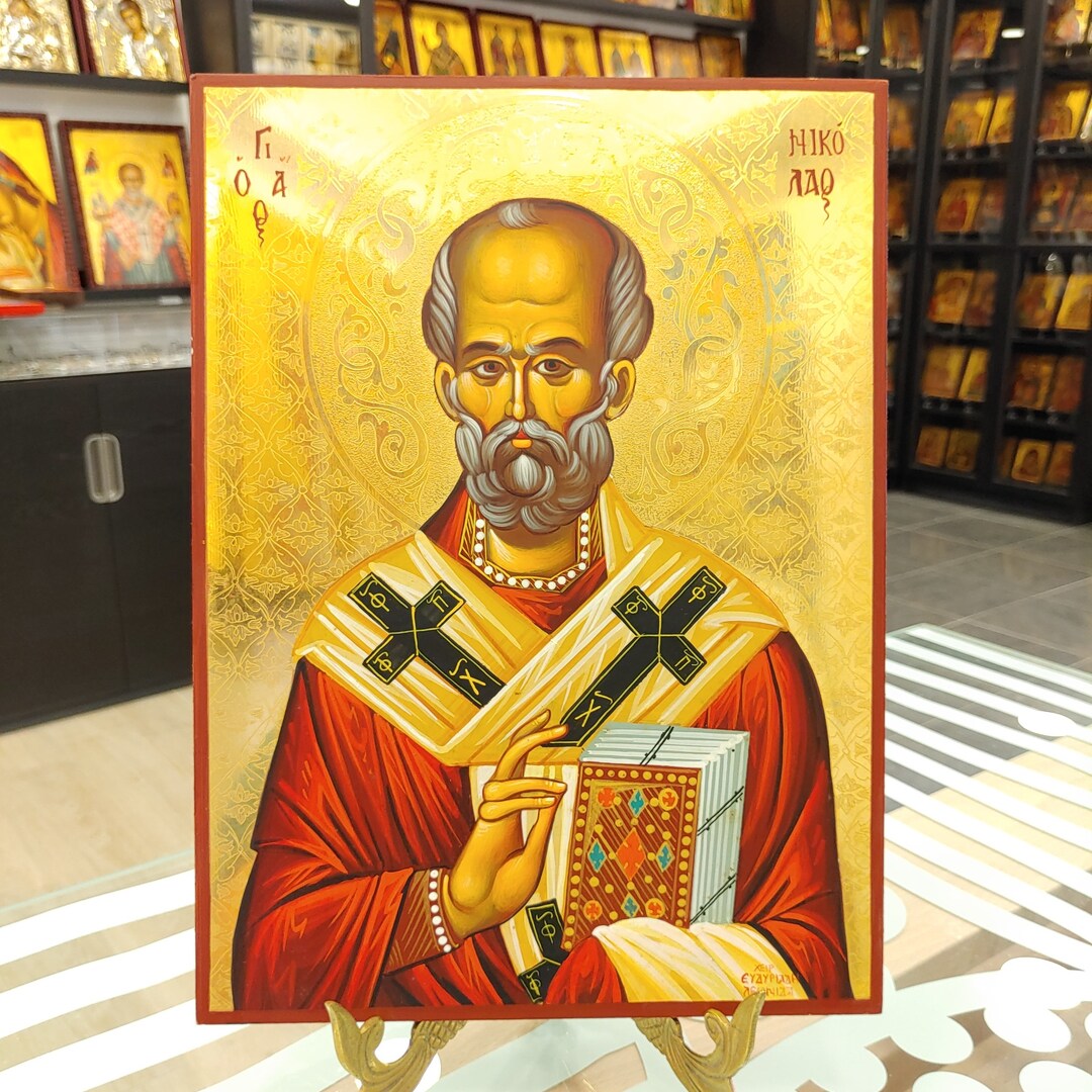 Christian Icon of Saint Nicholas Nikolas, Greek Byzantine Hand Painted ...