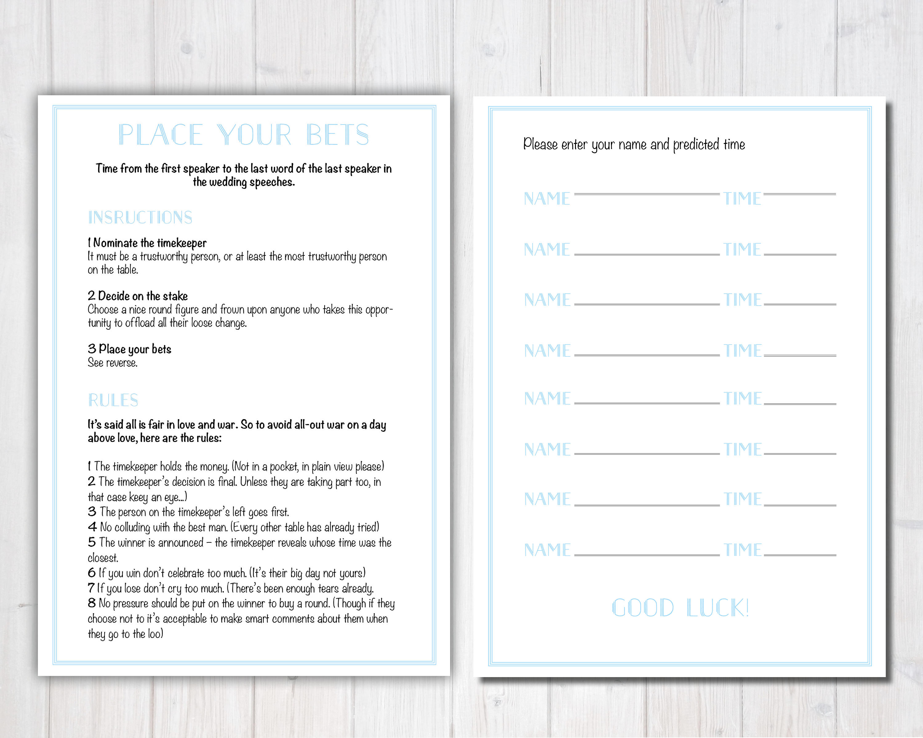 Place Your Bets Card Wedding Speeches Game Wedding Speech | Etsy