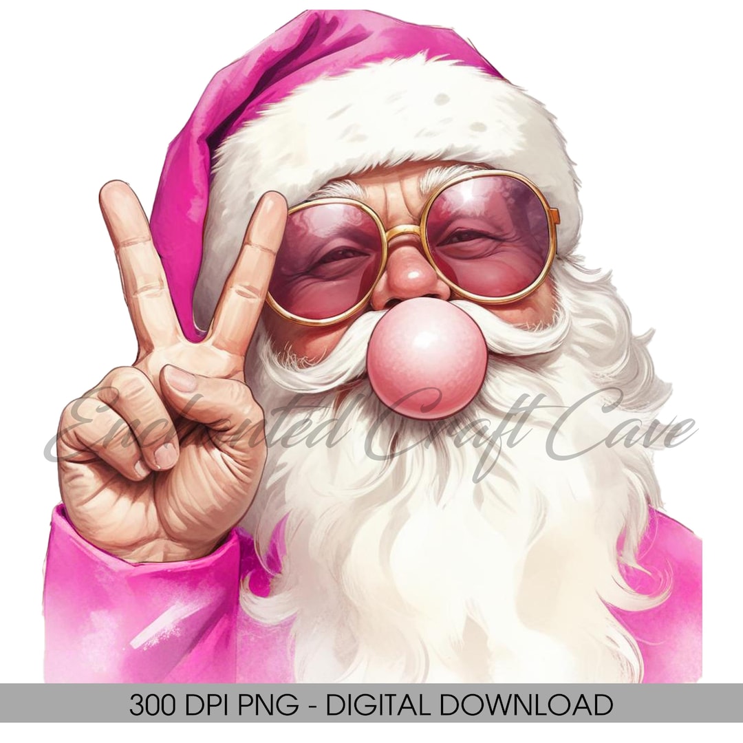 Retro Santa Peace Sign Blowing Bubble PINK PNG, Vintage Merry Christmas ...