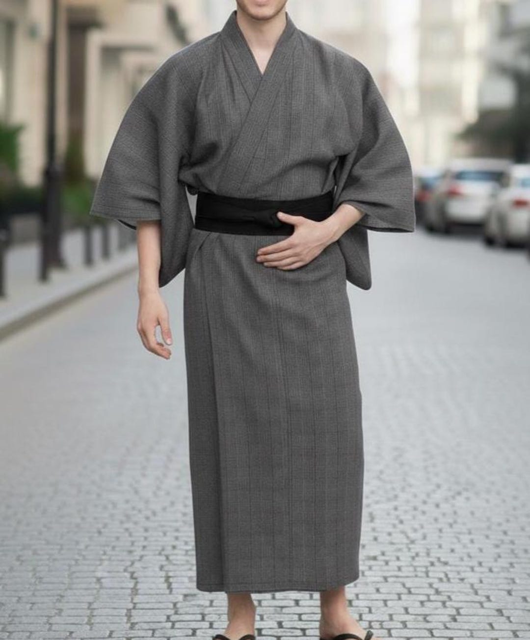 Men’s Cotton Kimono Robe – Grey Japanese Yukata Style – Minimalist ...