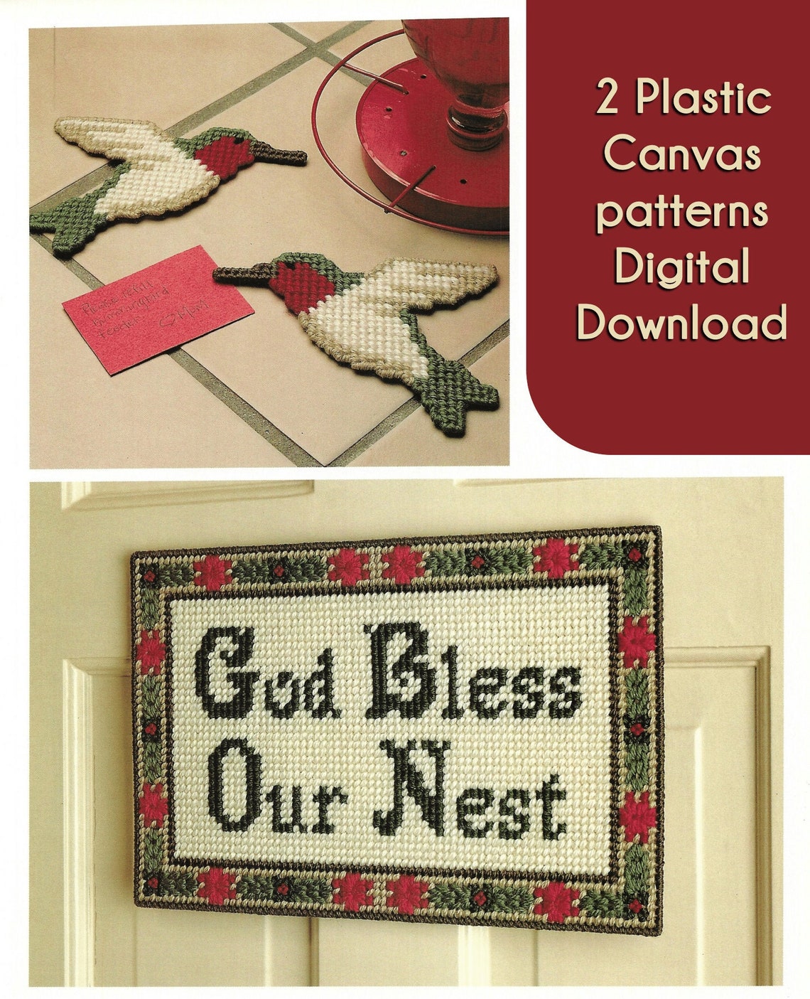 HUMMINGBIRD & GOD Bless Our NEST Sign Vintage Plastic Canvas | Etsy