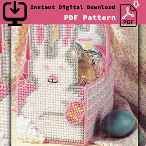 BUNNY BASKET Plastic Canvas Pattern EASTER Rabbit Eggs Candy Dish ...