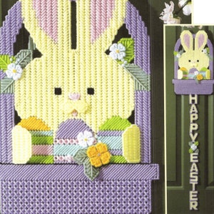 HAPPY EASTER Plastic Canvas Door Hanger BUNNY in A Basket Eggs Flowers Wall Art Instant Digital ...