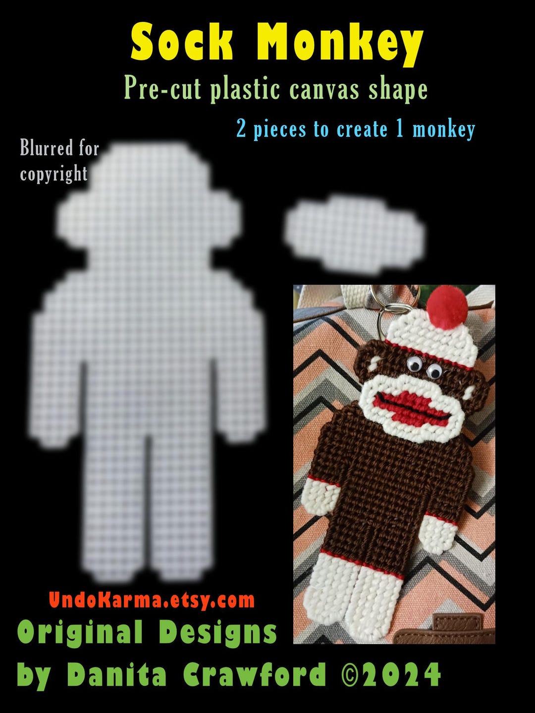 SOCK MONKEY Plastic Canvas Pre-cut Shapes Cut-out MAGNET Plant Poke Key ...