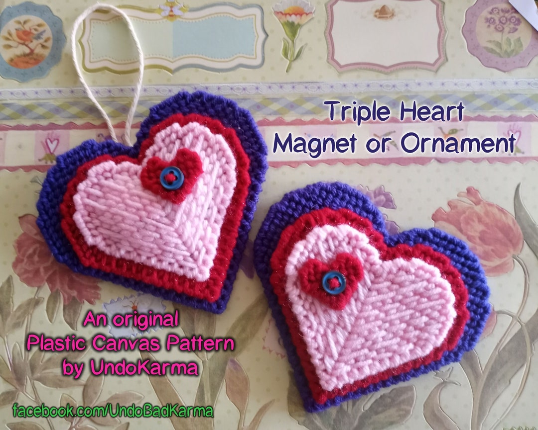 TRIPLE HEART Plastic Canvas PATTERN Digital Download Ornament or Magnet ...