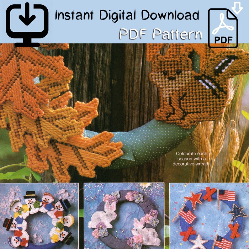 WREATHS Holidays PLASTIC CANVAS Pattern Digital Download Snowman Fall ...