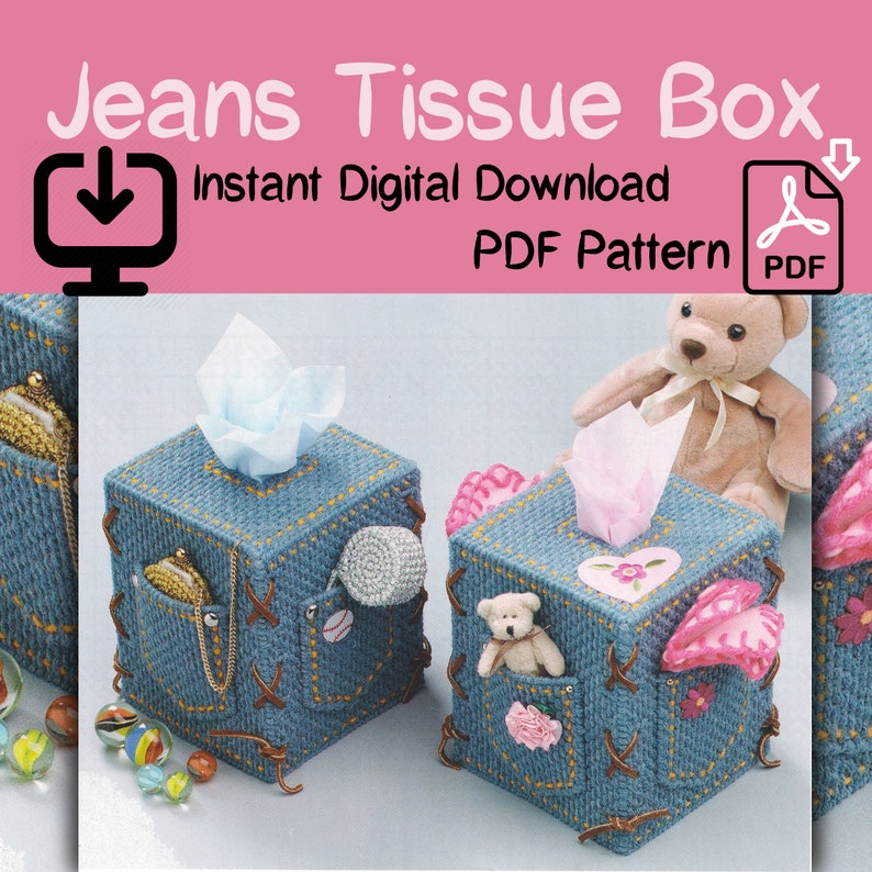 Denim JEANS Plastic Canvas TISSUE BOX Cover Pattern Instant - Etsy
