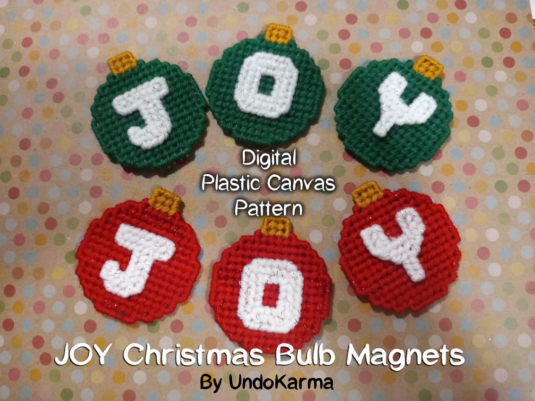 JOY Christmas BULB Plastic Canvas PATTERN Magnets Ornaments Gift Tags ...