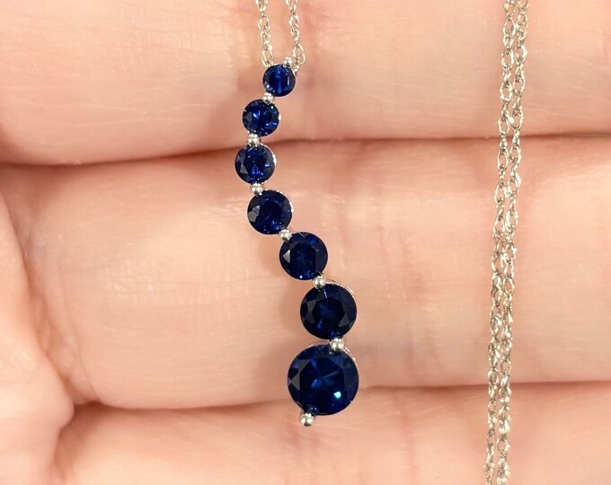 Sapphire Journey Necklace: 10K Solid White Gold Genuine Lab Created ...