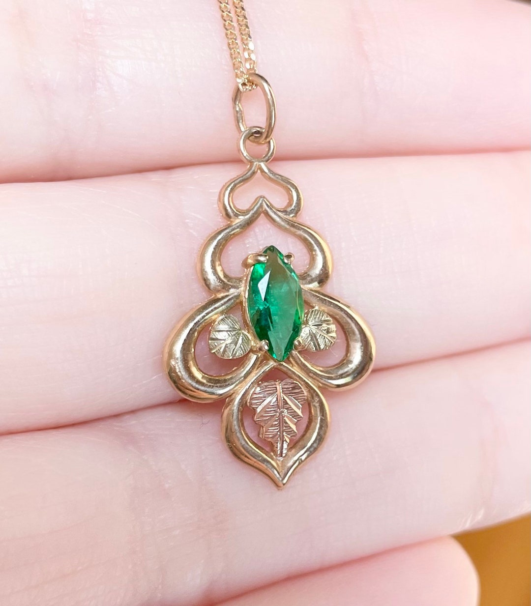 Vintage 10K Black Hills Gold Green Helenite Crystal Marquis Tricolor ...