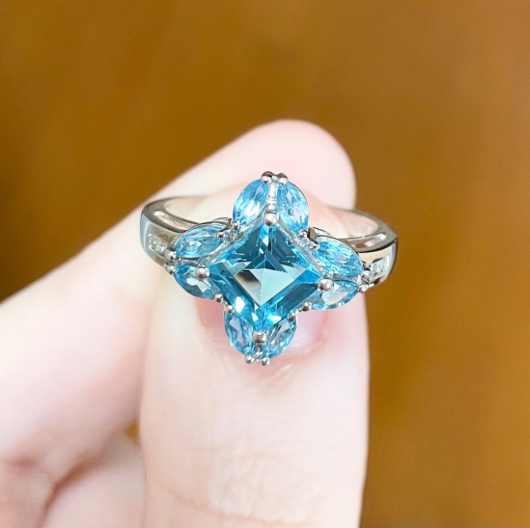 Blue Topaz Flower Ring: 10K Solid White Gold Diamond Accent Asscher ...