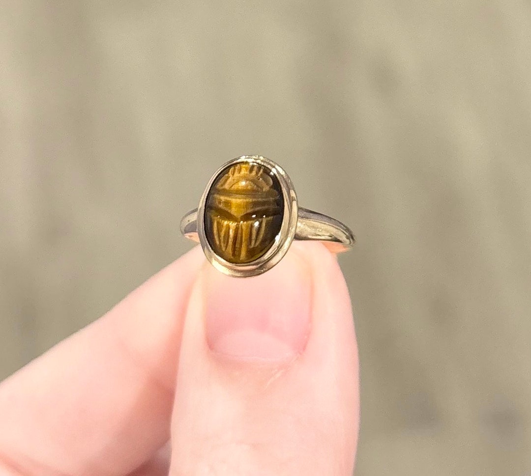 10K PSCO Tigers Eye Scarab Vintage Dainty Oval Cabochon Brown Carved ...