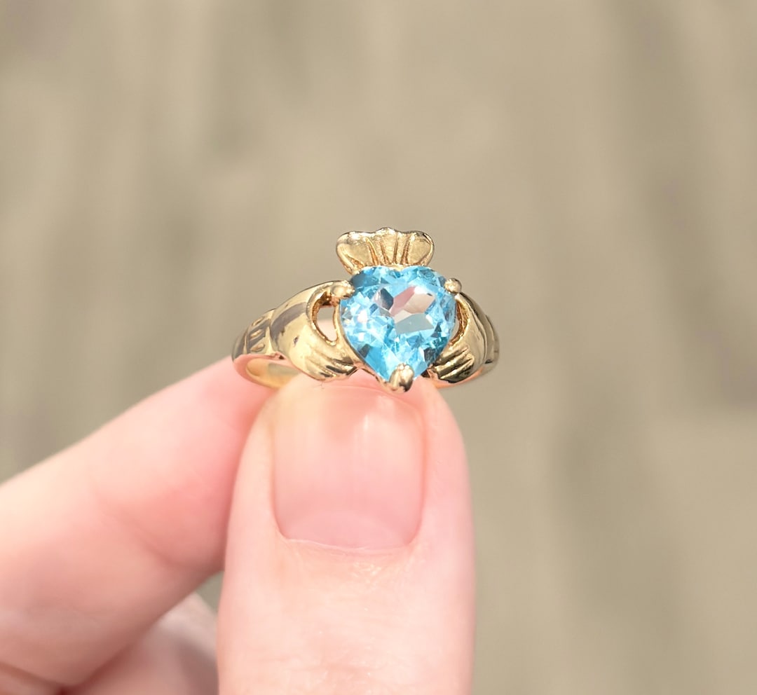 Blue Topaz Claddagh Ring: 10K Solid Yellow Gold December Birthstone ...