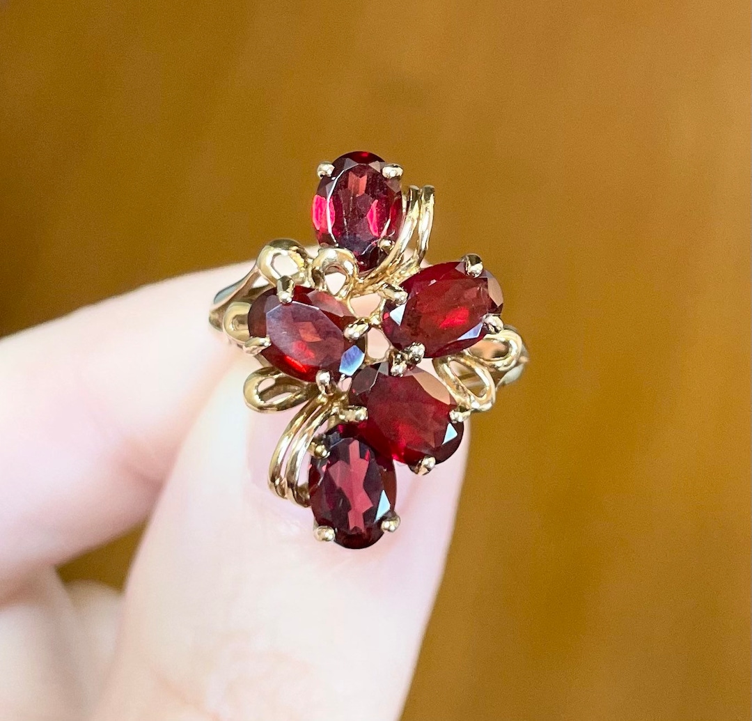 10K Garnet Deep Red Cluster Oval 4 Carat Vintage Filigree - Etsy
