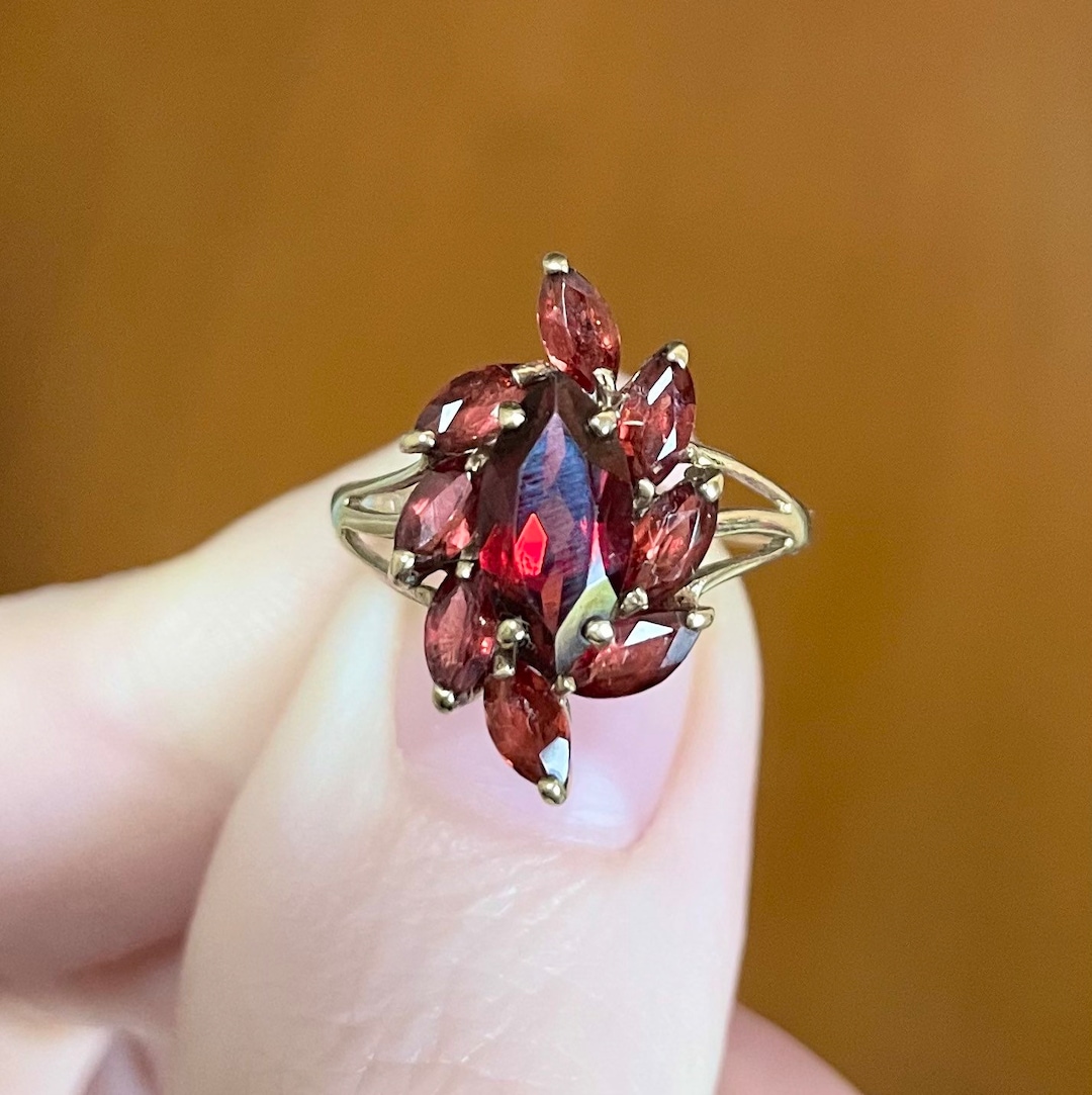 10k Red Garnet Cluster Marquis Flower Solid Yellow Gold Size - Etsy