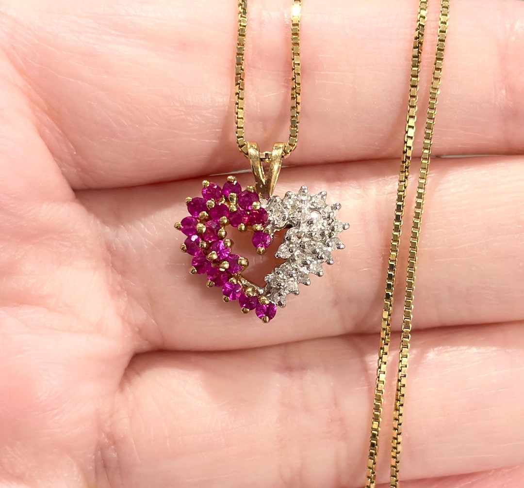 Ruby Diamond Heart Pendant: 10K Solid Yellow White Gold Petite 0.56 TCW Natural Precious Red ...