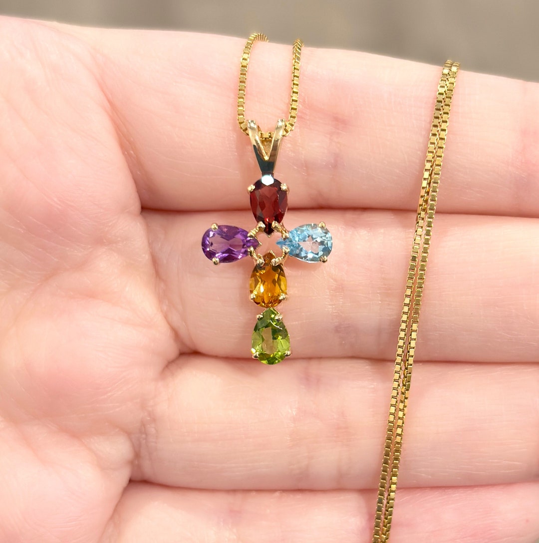 Rainbow Cross Pendant: Natural Gemstone Oval Multicolored Garnet ...