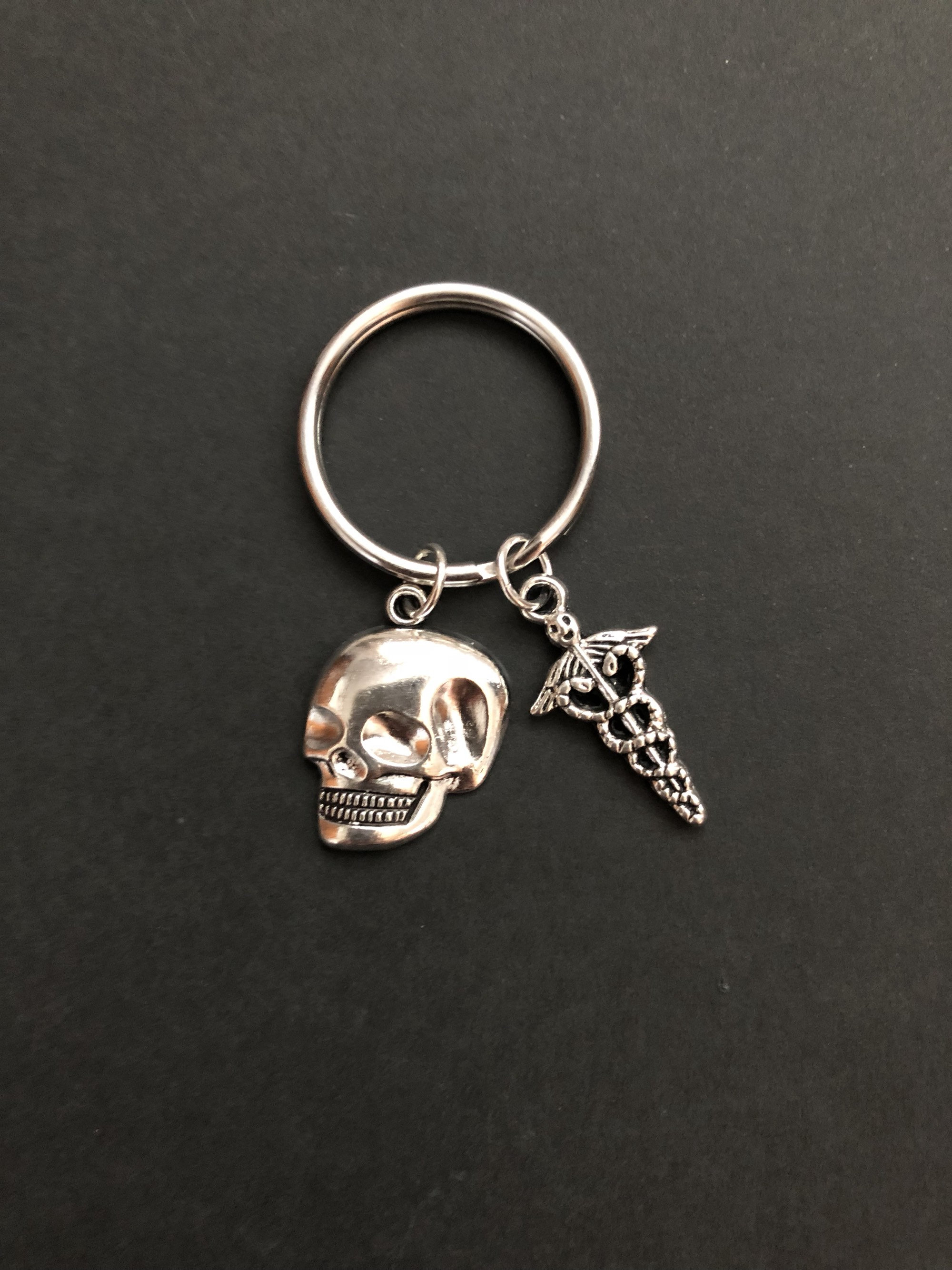 Skull Keychain, Oblique Skull and Caduceus, Rad Tech Week Gift, Medical ...