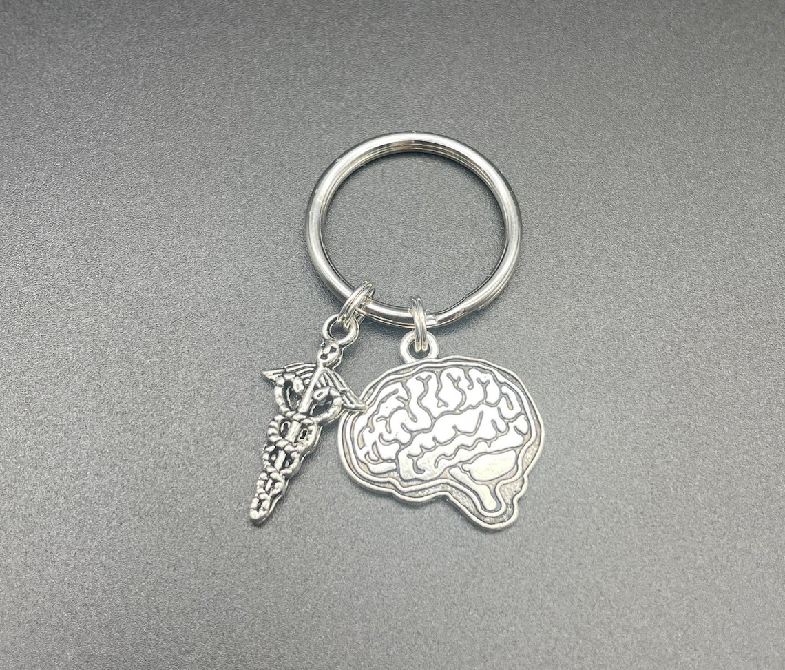 Brain & Caduceus Keychain Medical Neurologist Anatomy - Etsy