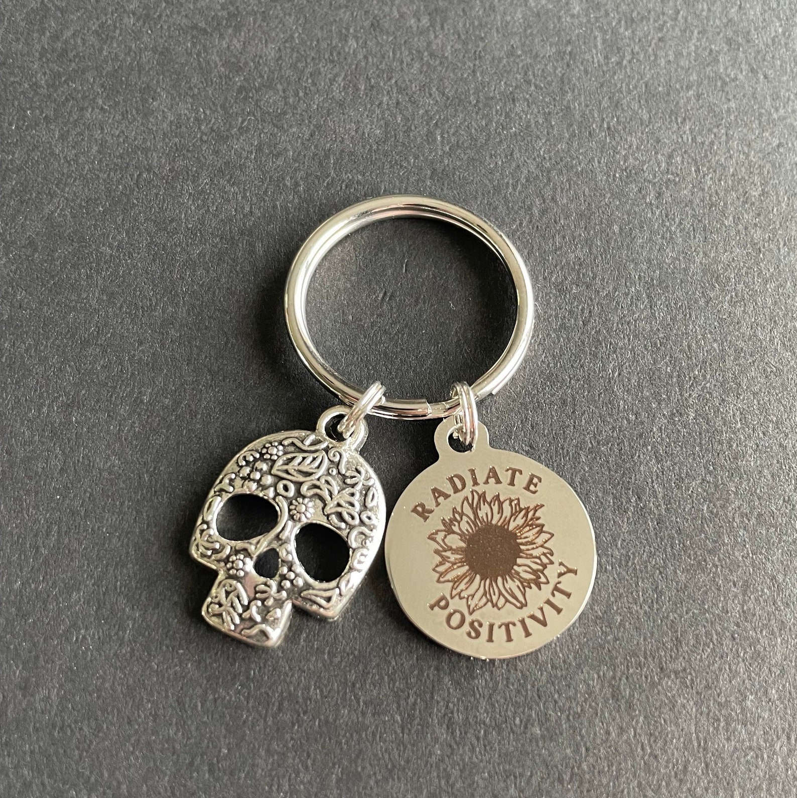 Radiate Positivity Keychain, Sunflower, Skeleton, Skull, Caduceus ...