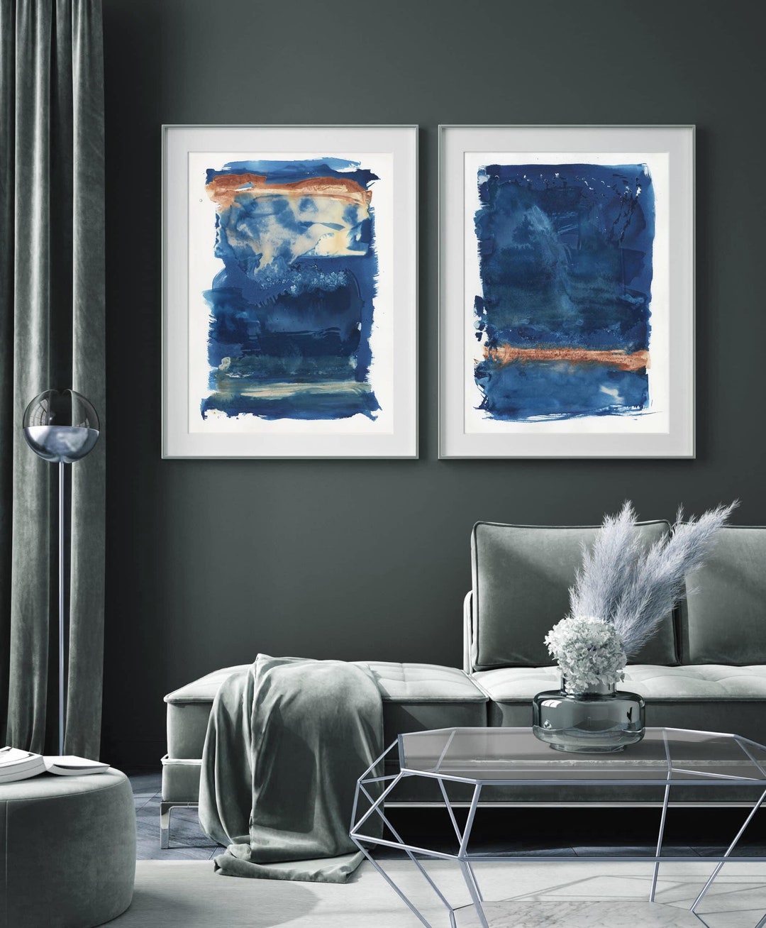 Blue Abstract Art Set 2 Painting Blue Contemporary Art Set 2 Watercolor ...