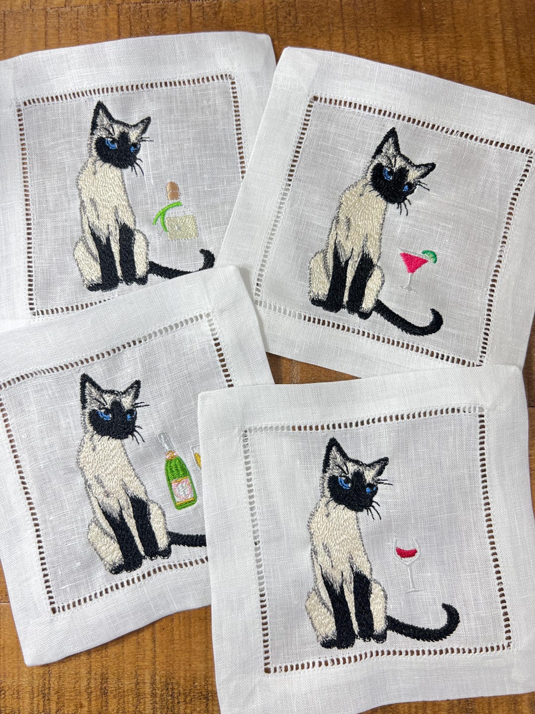 The Tipsy Cat - Siamese Embroidered Cocktail Napkins - Etsy