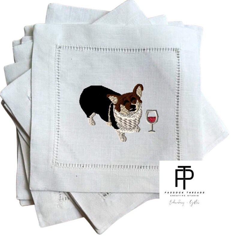 The Tipsy Dog - Corgi Embroidered Cocktail Napkins - Etsy