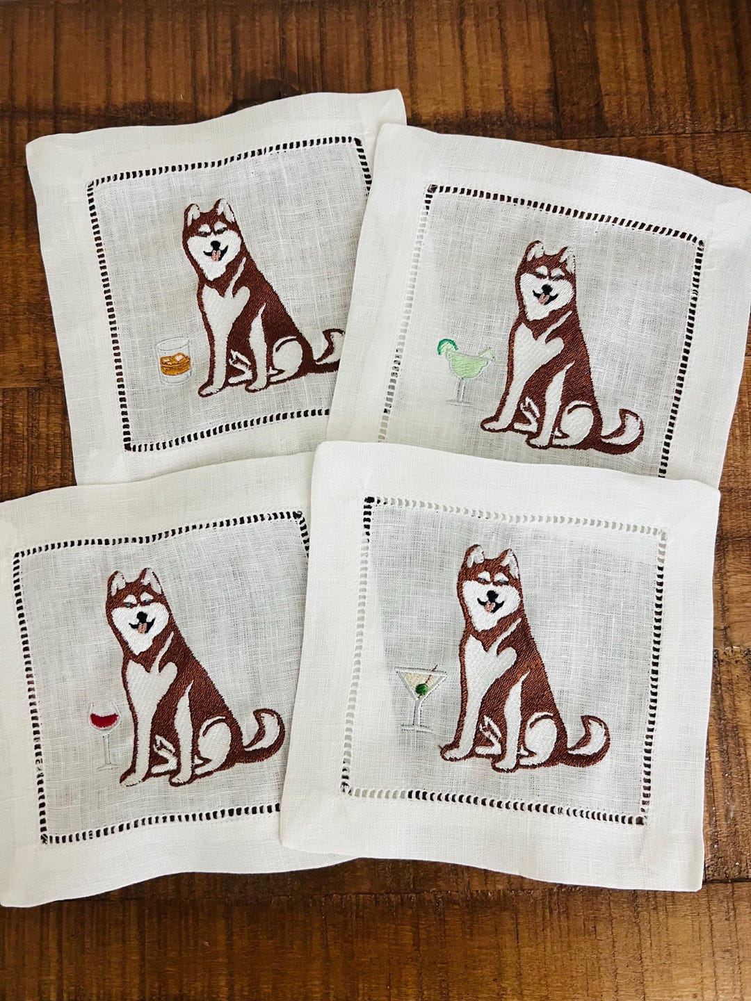 The Tipsy Dog - Husky Embroidered Cocktail Napkins - Etsy