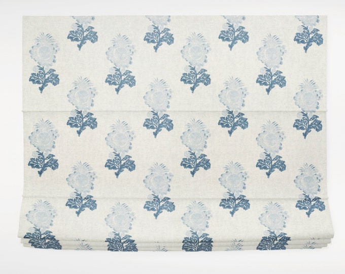Block Print Blue Roman Shade Blue Grey Fabric Thibaut Roman Shade Silk ...