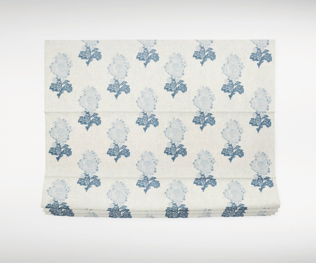 Block Print Blue Roman Shade Blue Grey Fabric Thibaut Roman Shade Silk ...
