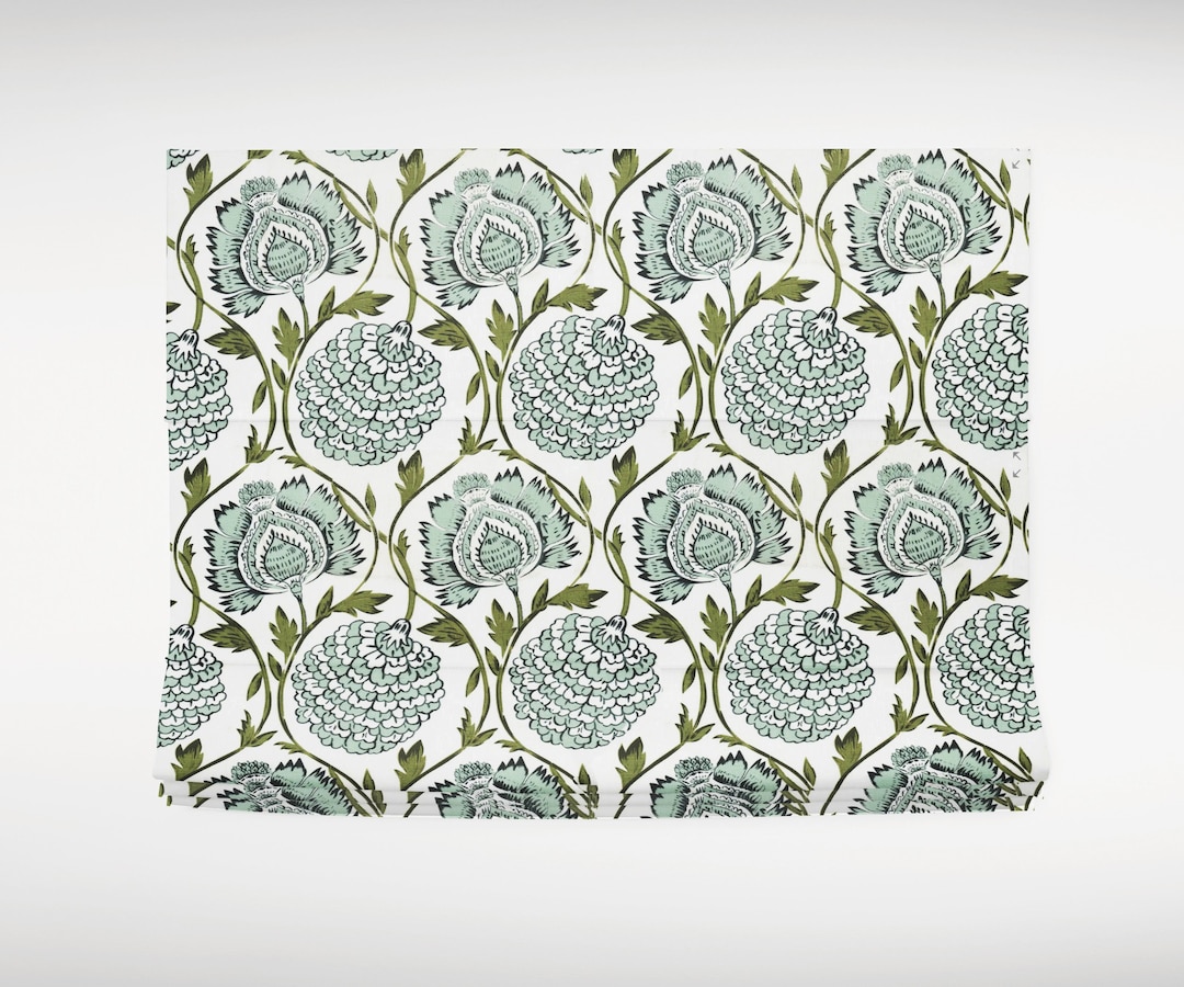 Block Print Aqua Green Roman Shade Spa Blue Shade Fabric Floral Vine ...