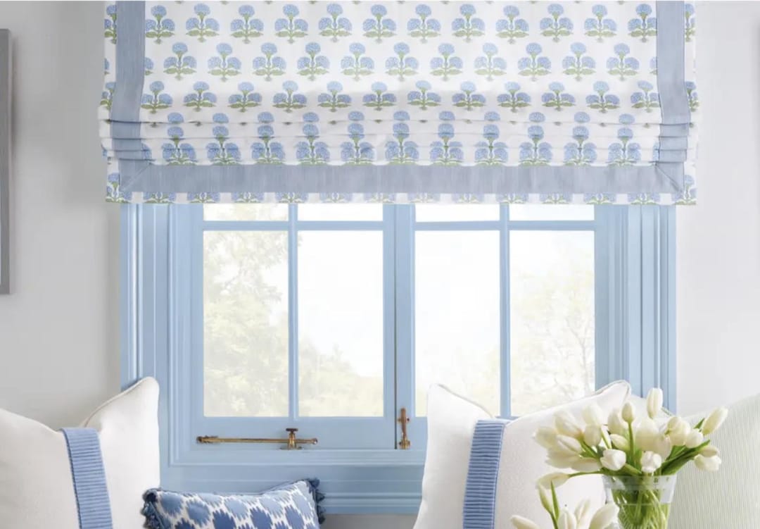 Pretty Blue Roman Shade Blue Green Fabric Roman Shade Floral Block ...