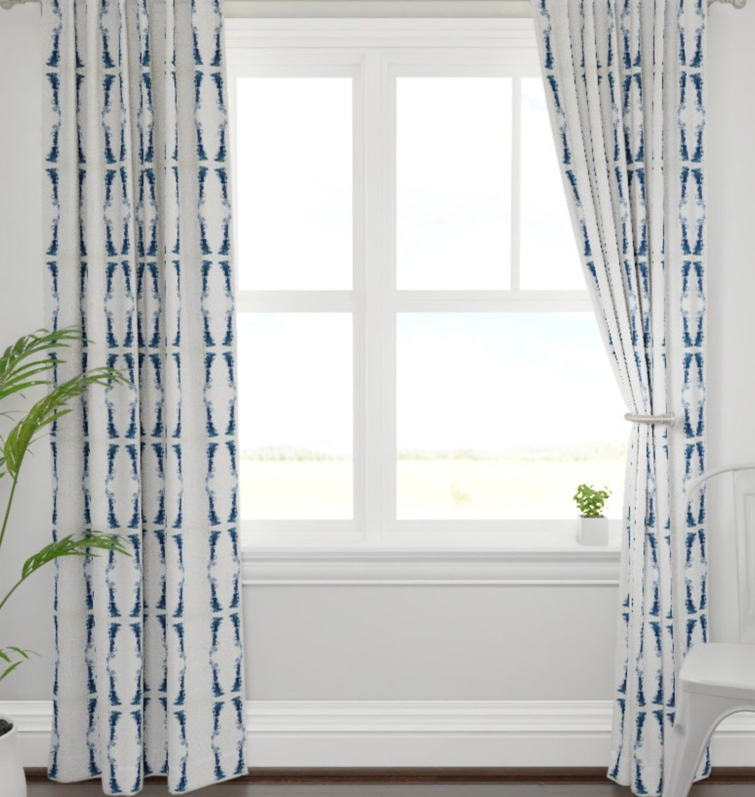 IMMEDIATE SHIP NAVY Curtains Dark Blue and White Drapes Navy Ikat ...