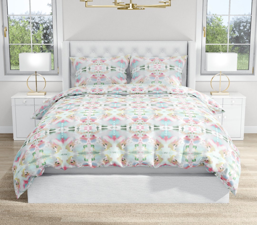 Pretty Duvet Pink Coral Green Blue Comforter Cover Bedding Painterly ...