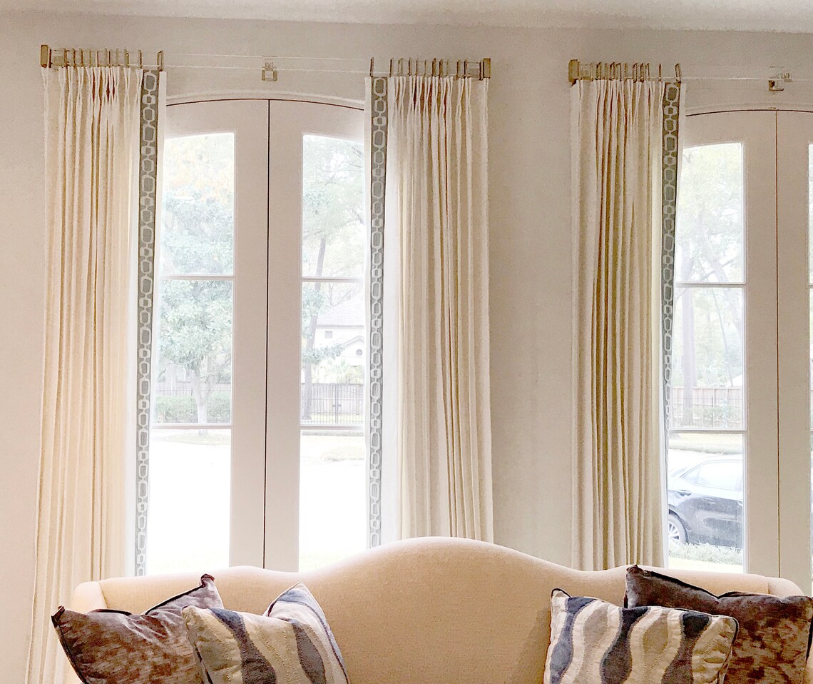 Greek Key Curtains Grey Trim Wide Trimmed Curtains White Linen - Etsy