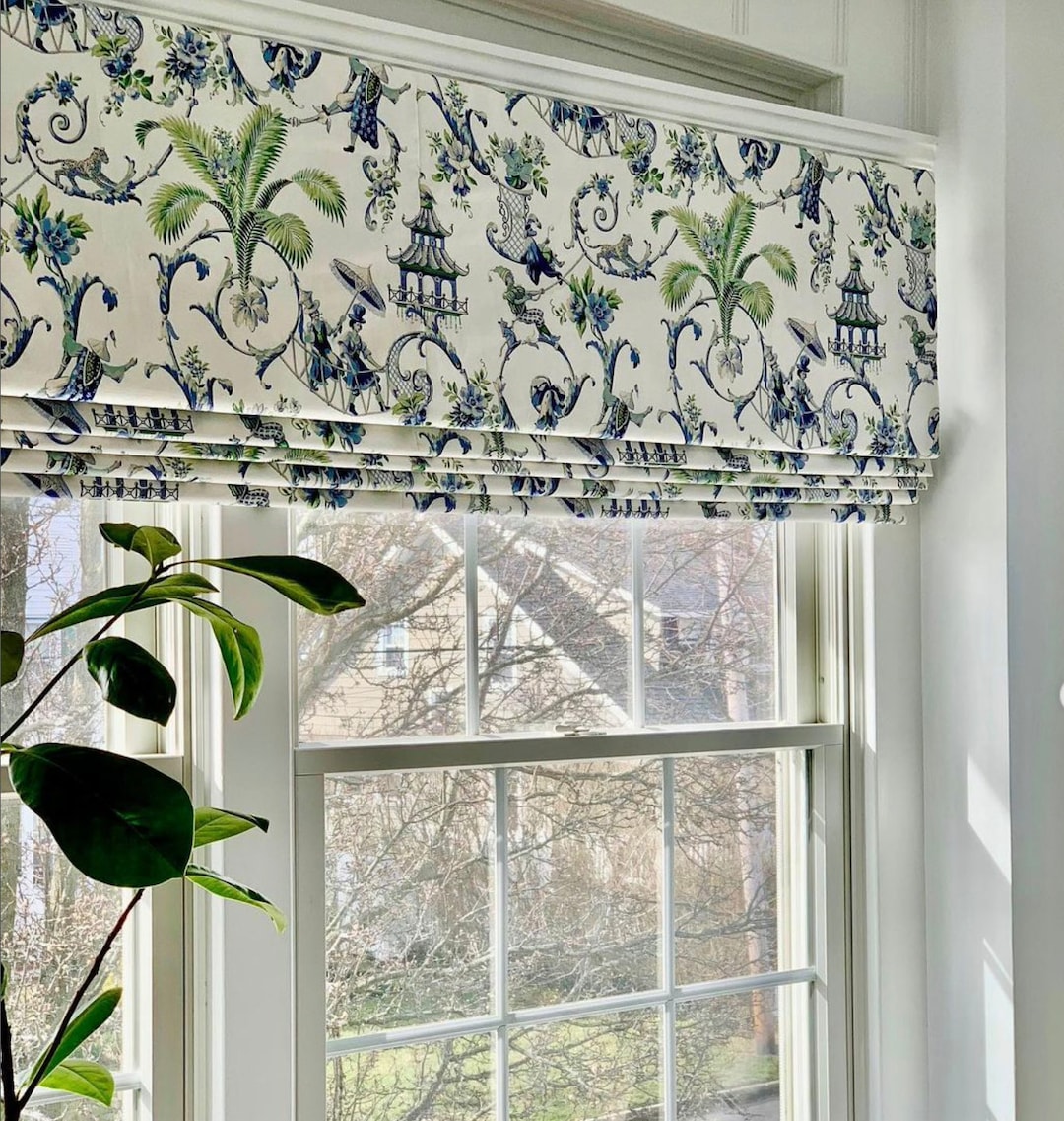 Modern Toile Mandarin Roman Shades custom Sizes Blue Green Oriental ...