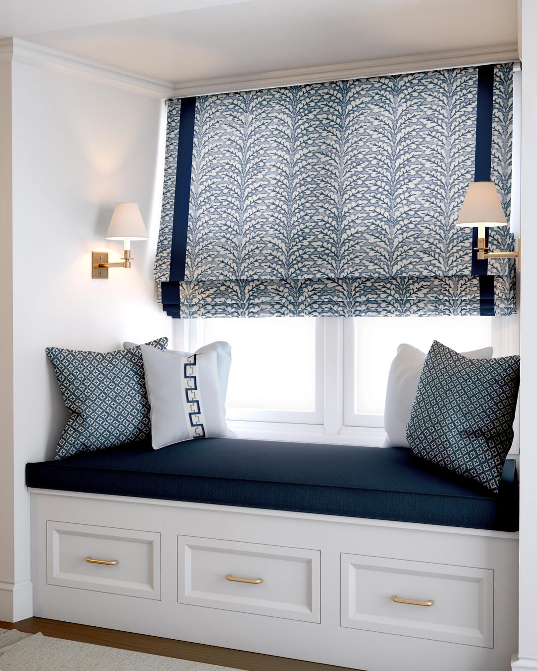 Pretty Navy Roman Shade Navy Blue Vine Fabric Roman Shade Floral Block ...