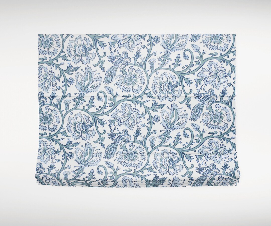 Block Print Blue Roman Shade Blue Grey Fabric Blue Floral Roman Shade ...
