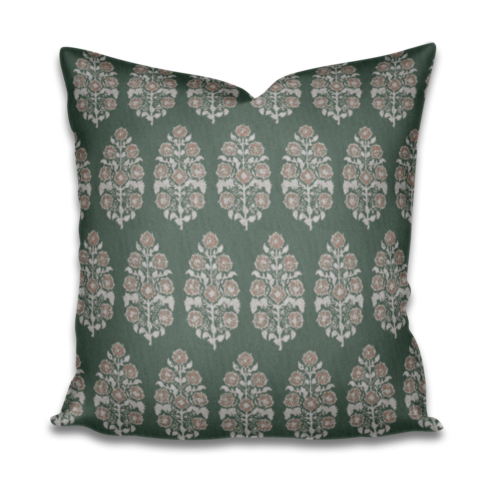 Designer Green Terracotta Indian Mughal Pillow Orange Flower Moss Linen ...