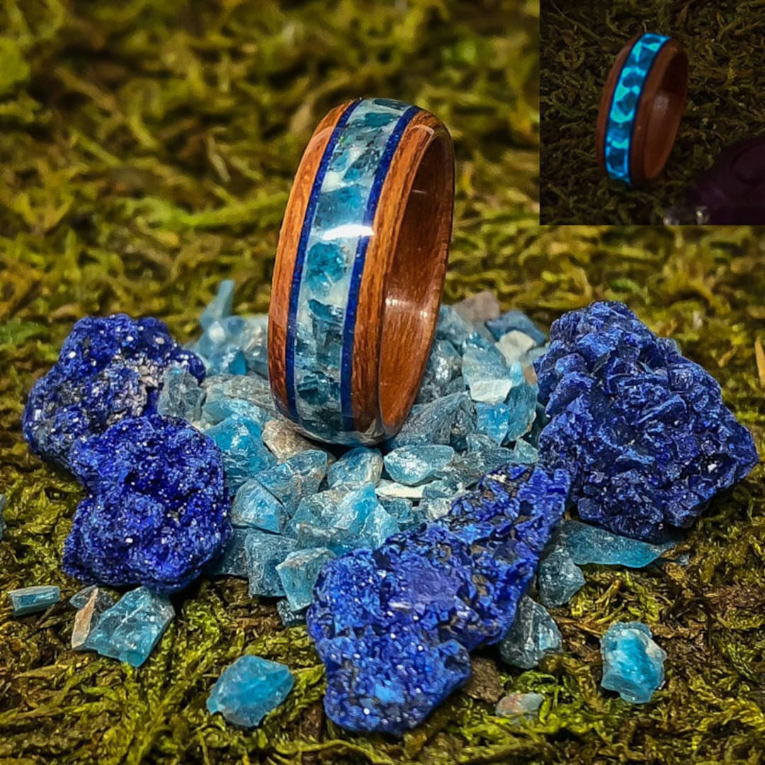 Plum Wood Glow in the Dark Bent Wood Ring With Blue Apatite and Blue ...