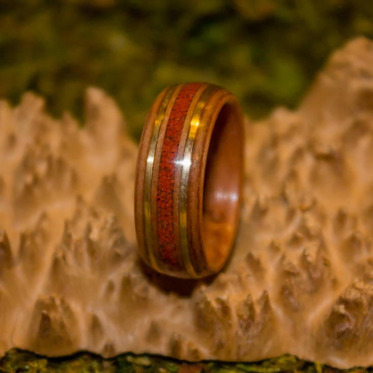 Swiss Pearwood Bent Wood Ring With Brass and Jasper, Mens Bentwood Ring ...