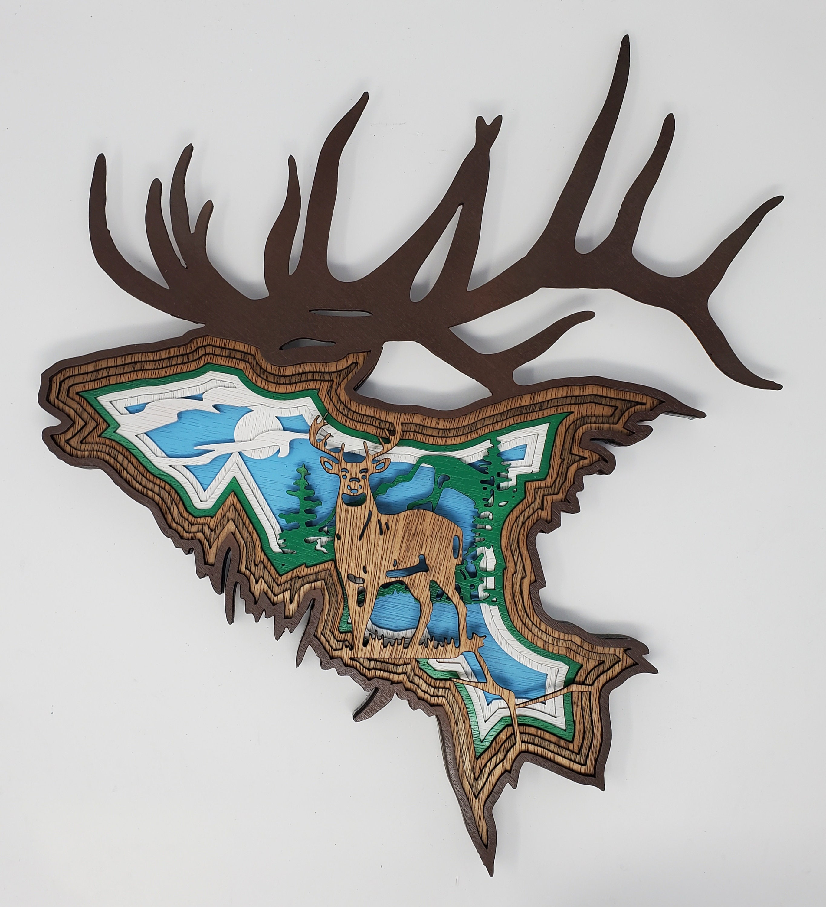 ELK Mountain Scene - Wood Multi-layered Design, 3D Layered Art, Wall ...